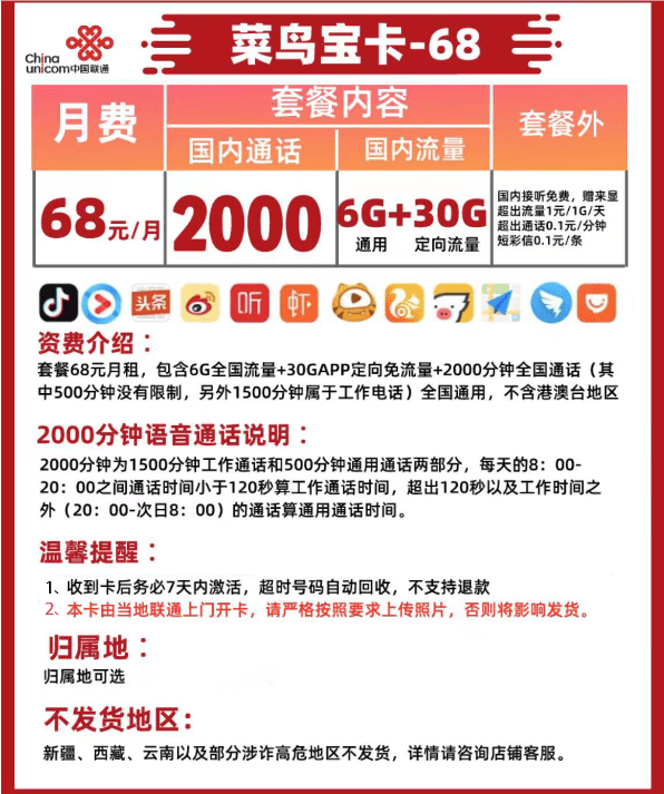 联通菜鸟小宝卡68元套餐介绍 含6G通用流量30G定向流量2000分钟通话 - 优品评测