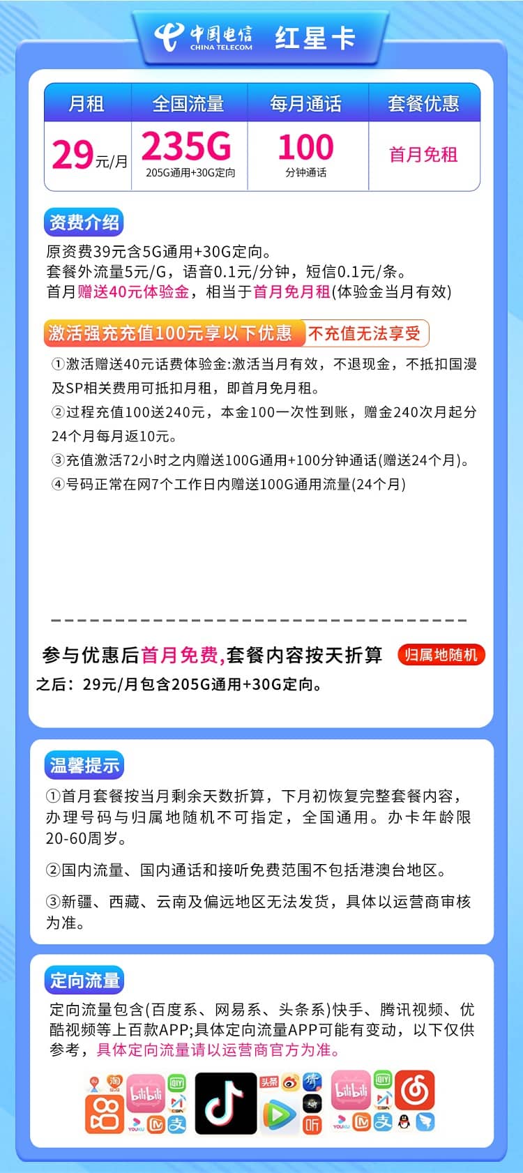 电信红星卡怎么样 月租29元含205G通用流量+30G定向流量+100分钟通话+首月免费 - 优品评测